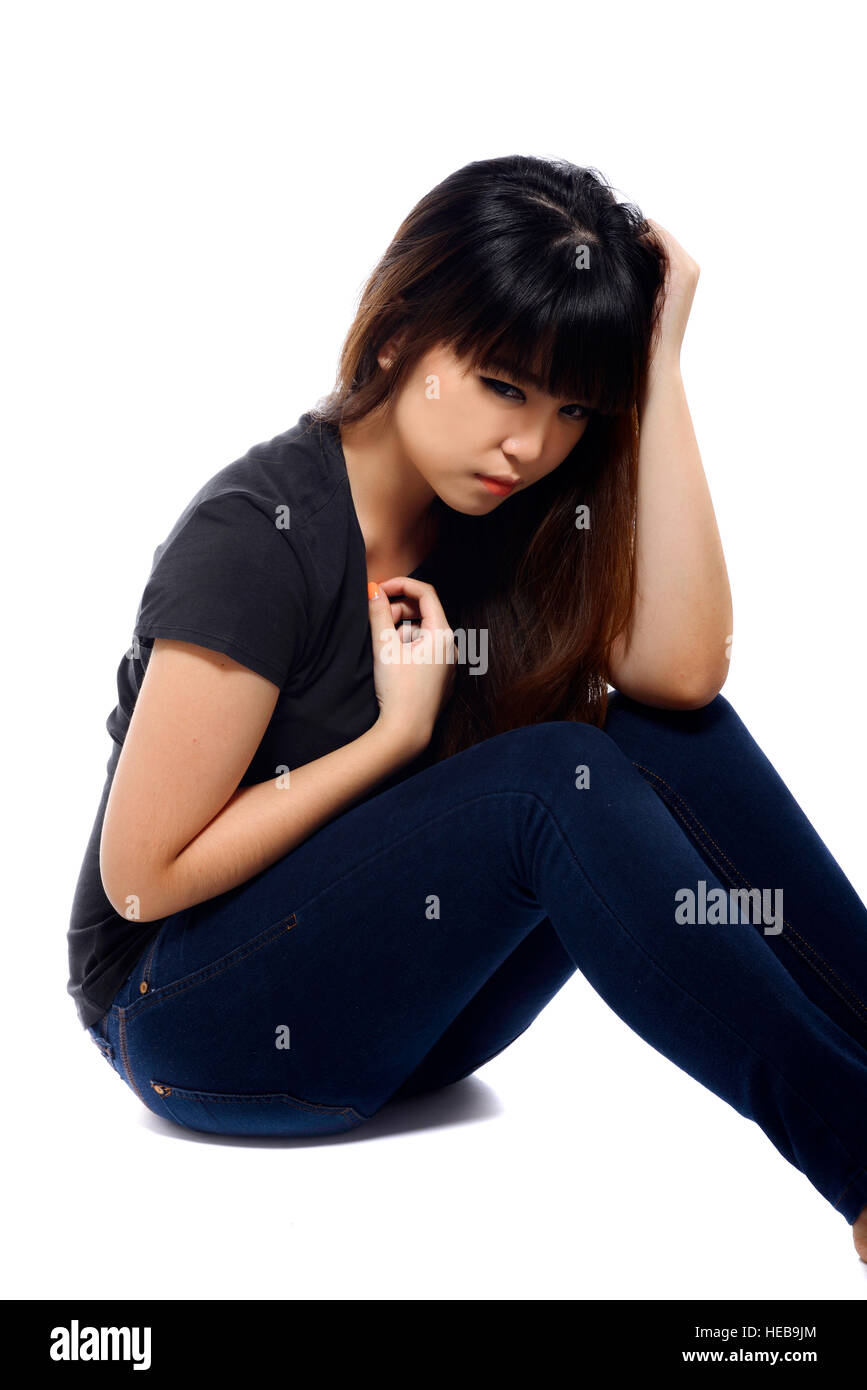 Asian woman get stress isolated over white background Stock Photo - Alamy