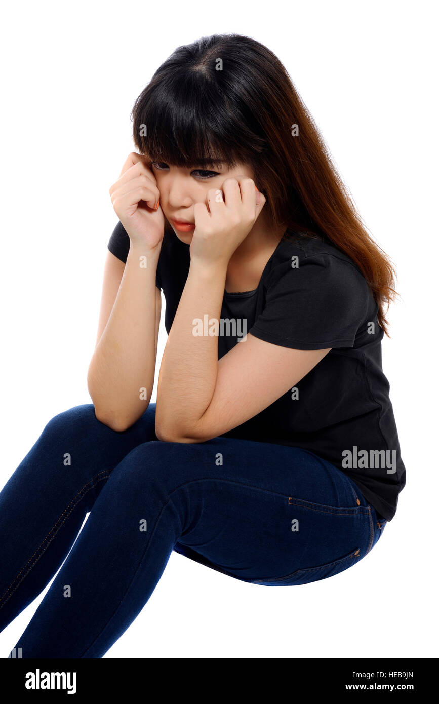 Asian woman get stress isolated over white background Stock Photo - Alamy
