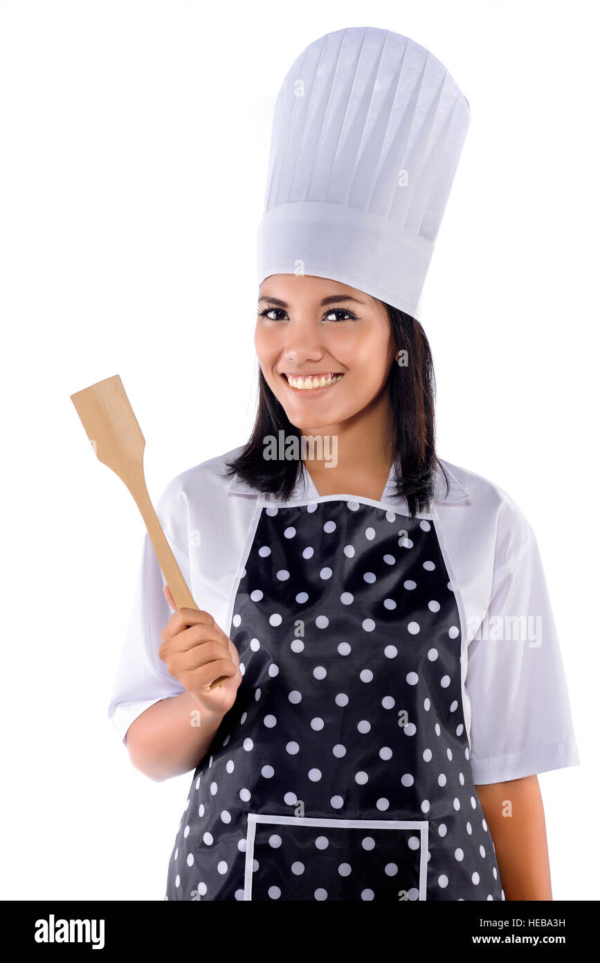 Portrait of beautiful pretty woman chef isolated over white background ...