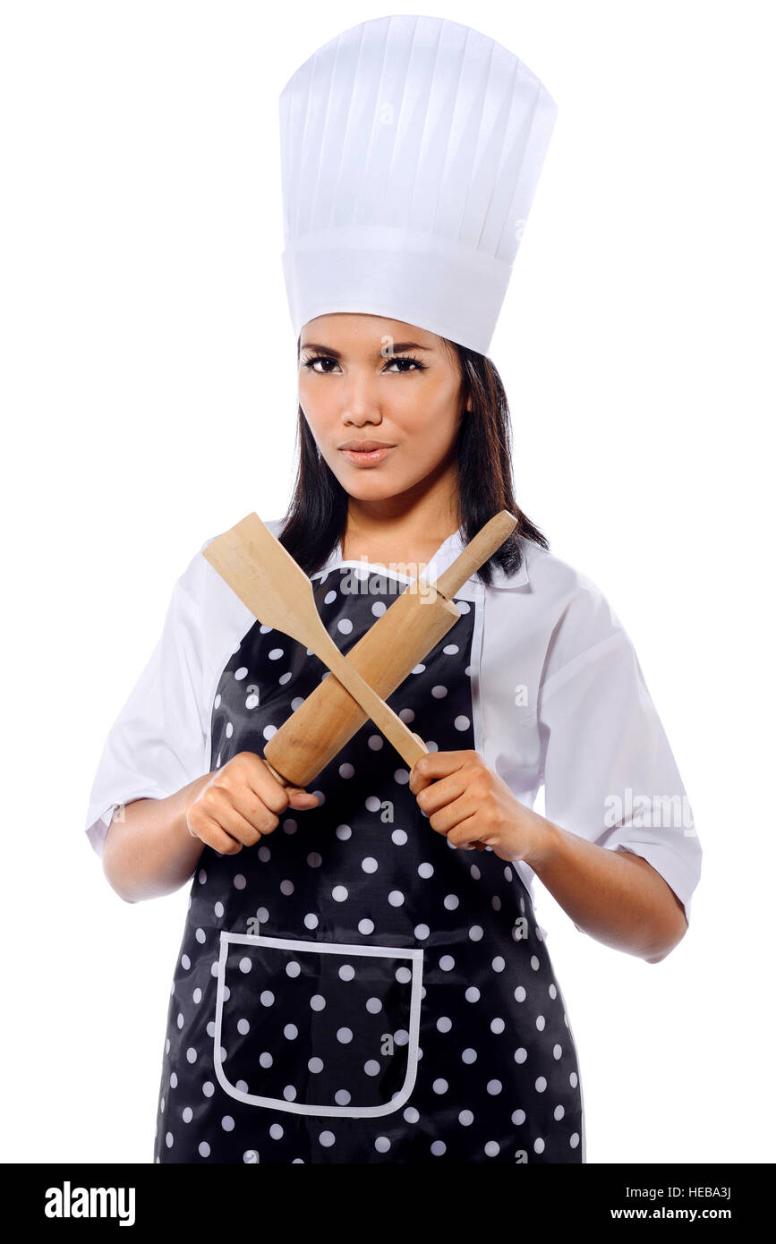Portrait of beautiful pretty woman chef isolated over white background ...
