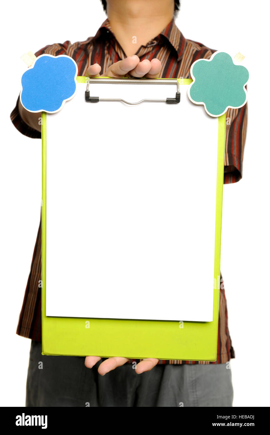 Man Holding Clipboard With Wooden Sign Isolated Over White Background