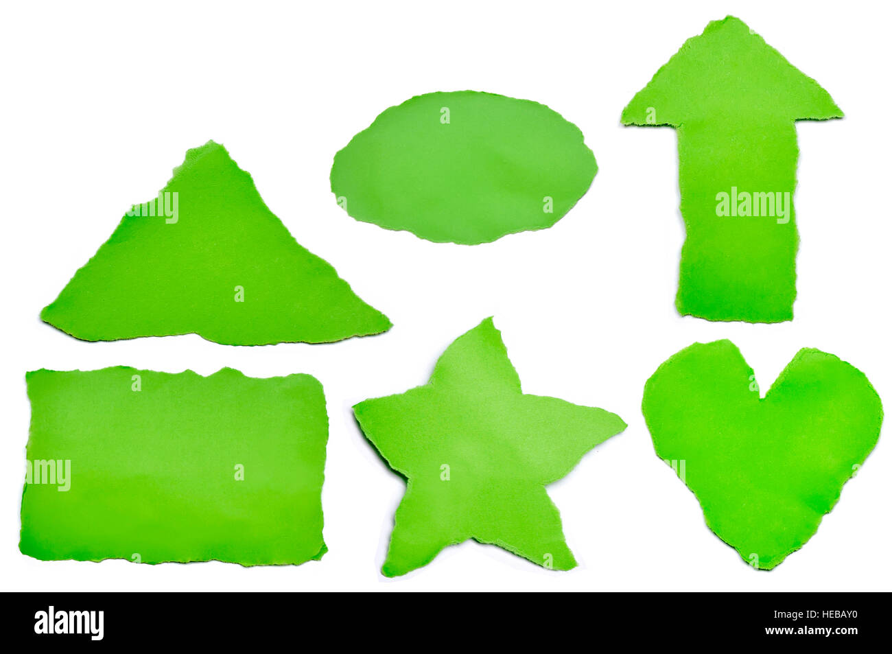 Collection of green paper tears, isolated on white with soft shadows ...