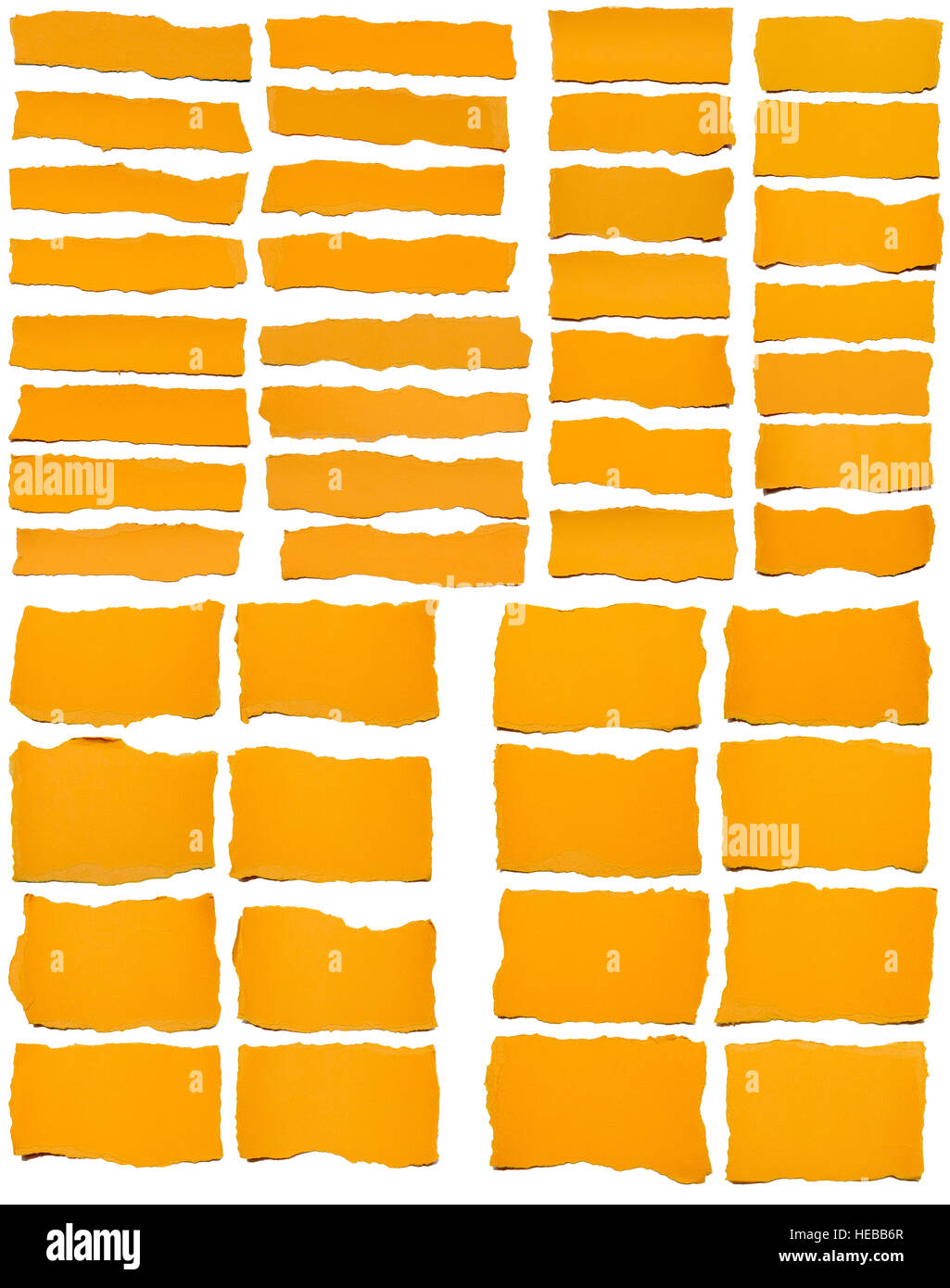 Set of torn yellow paper isolated over white background with soft ...
