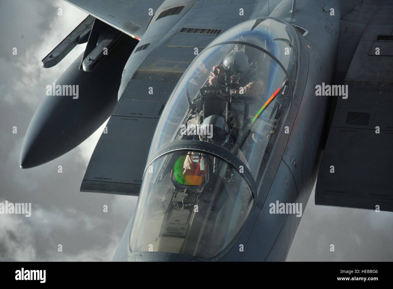 A pilot onboard a U.S. F-15E Strike Eagle takes a photo while getting ...