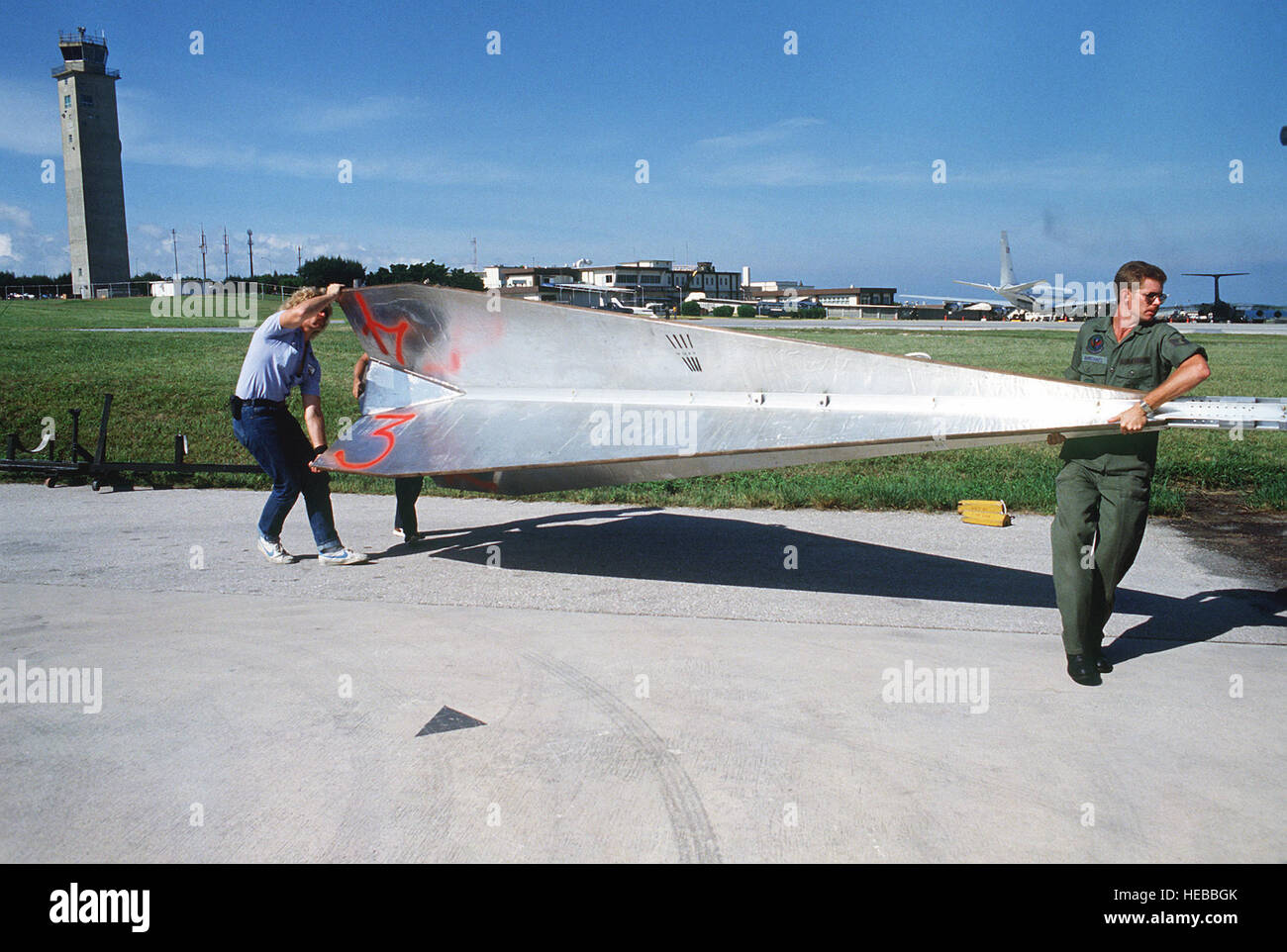 Flight Systems personnel transport a tow target to support F-15 Eagle ...
