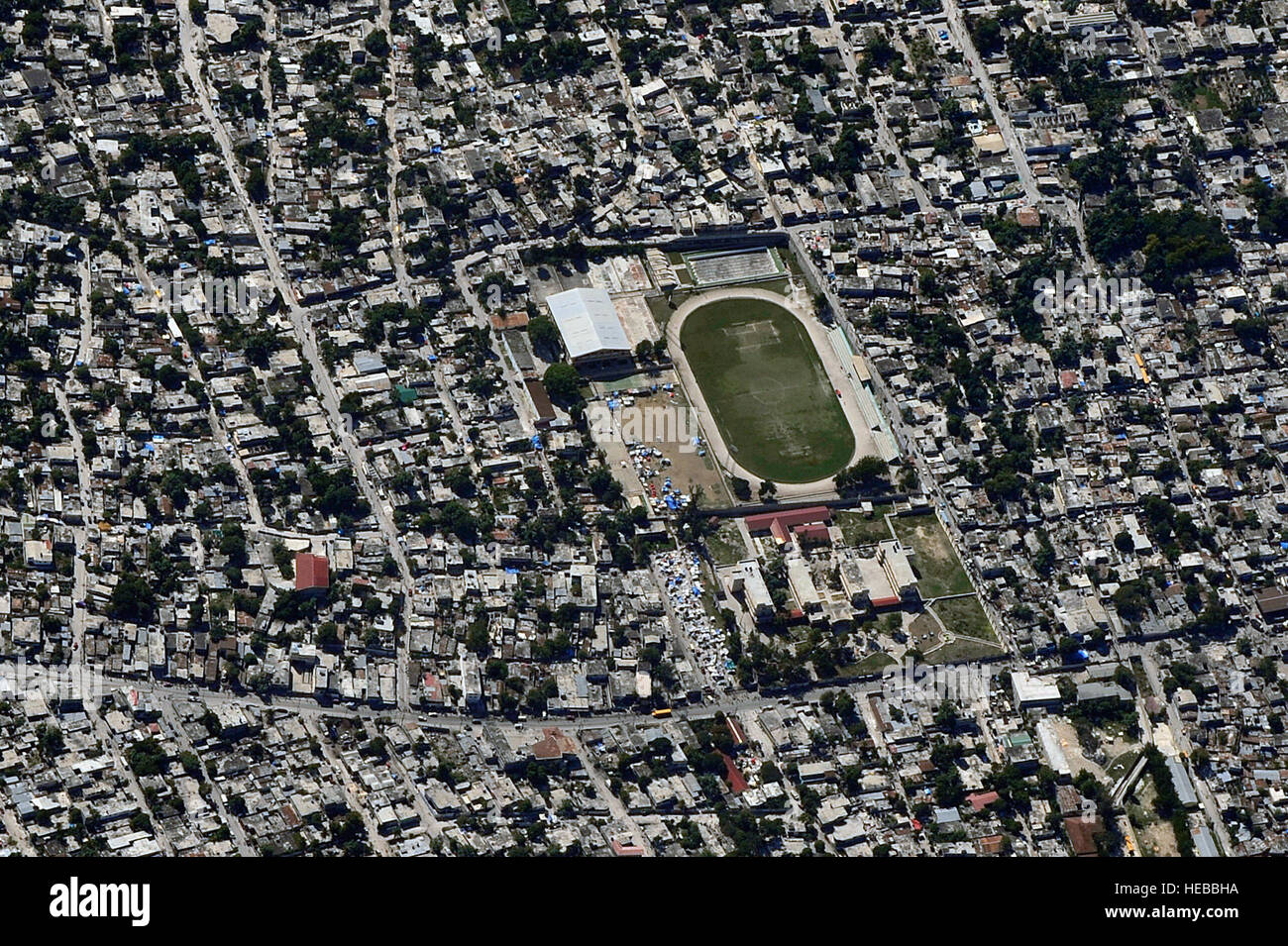 An aerial view of Port-au-Prince harbor in Haiti is shown as seen from ...