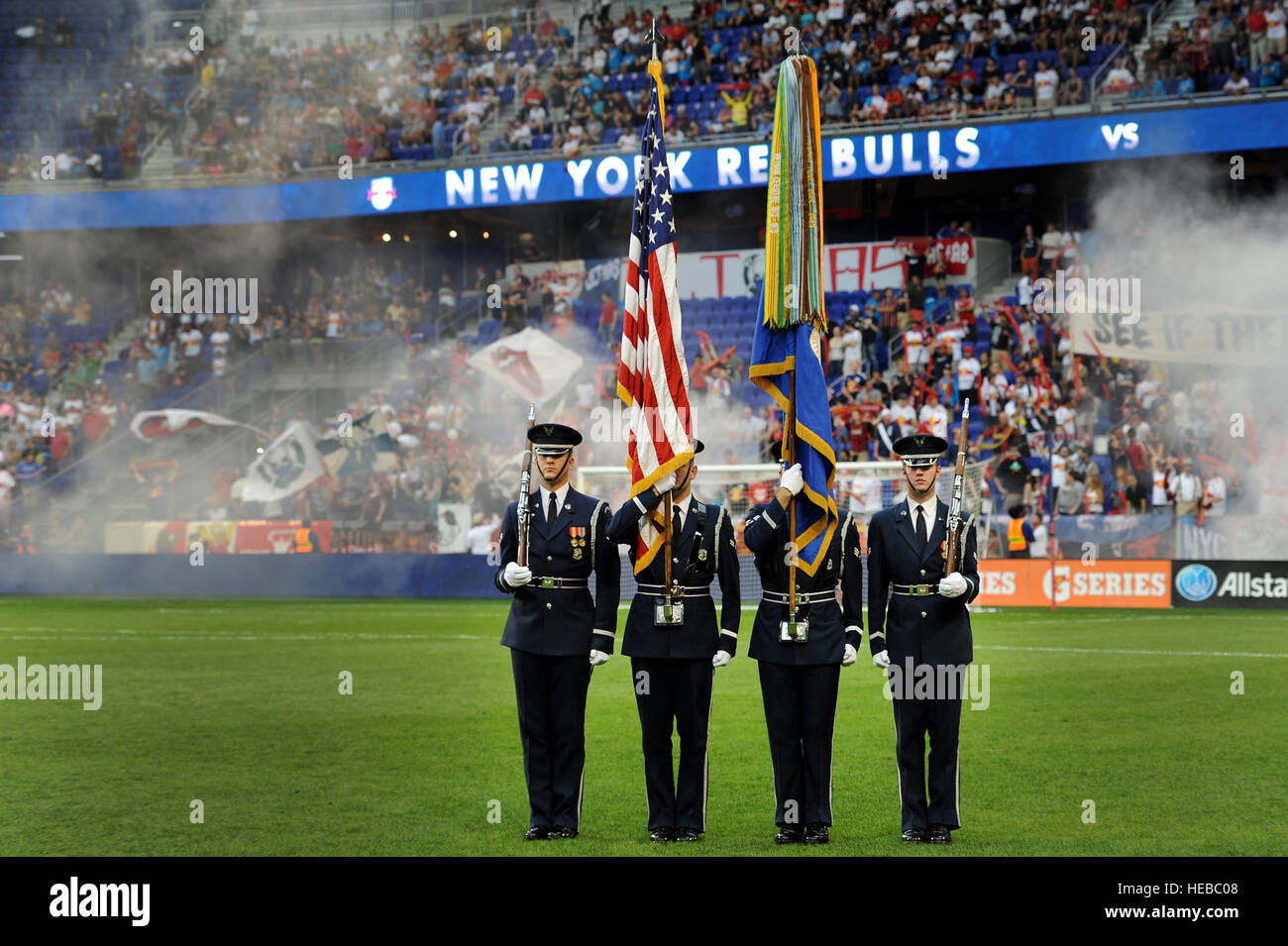 The Air Force Honor Guard Color Team present the colors before a Major ...