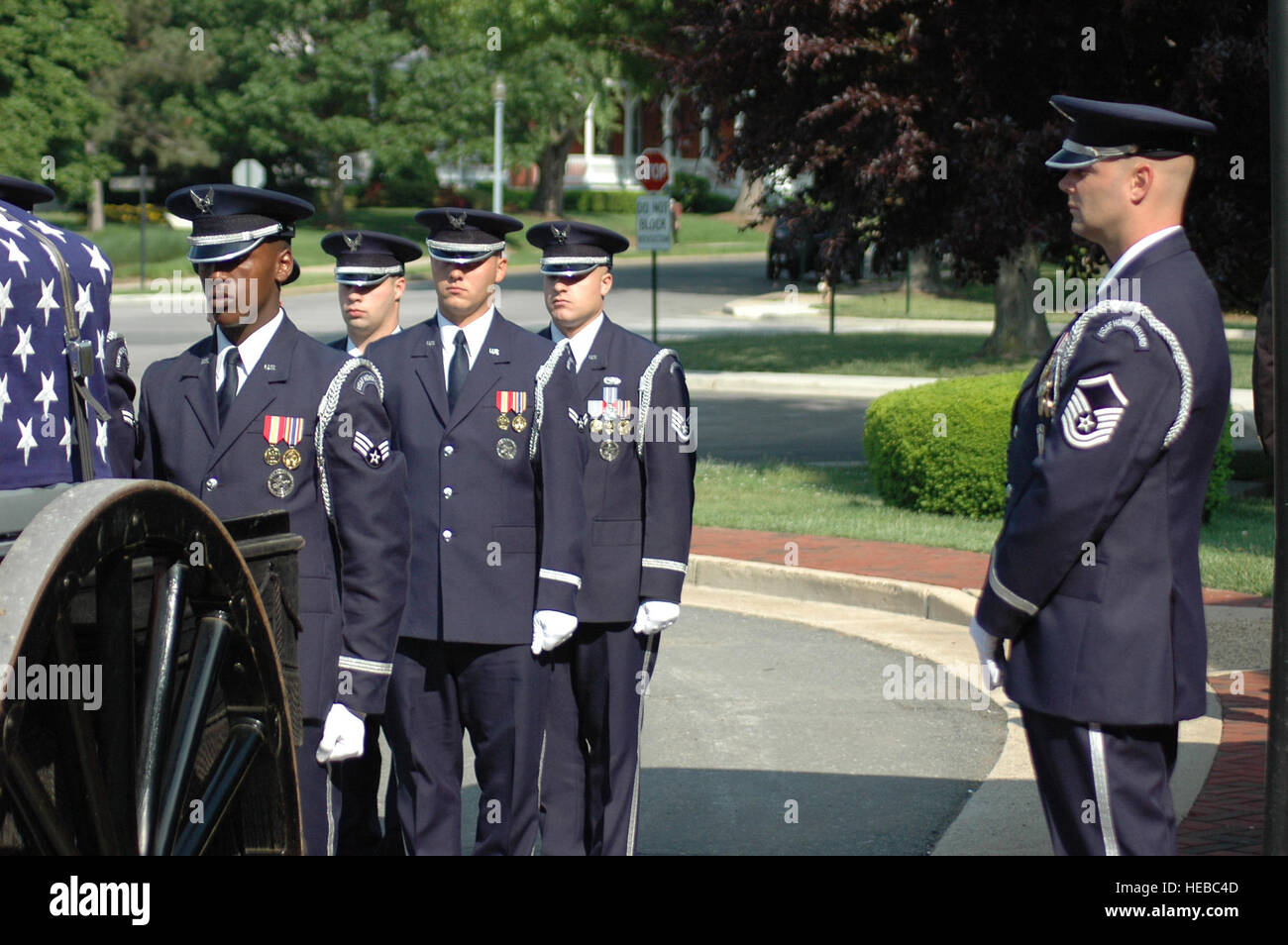 A SNCO in the USAF Honor Guard stands as the NCOIC during a Full Honors ...