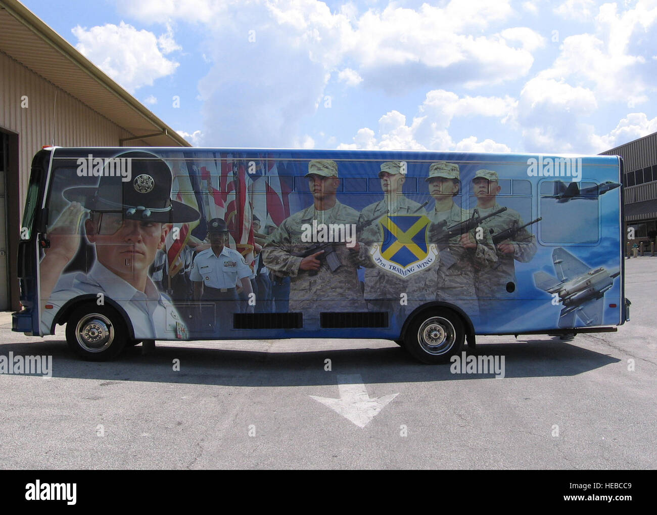 A bus at Lackland Air Force Base is decorated with a shrink-wrapped ...