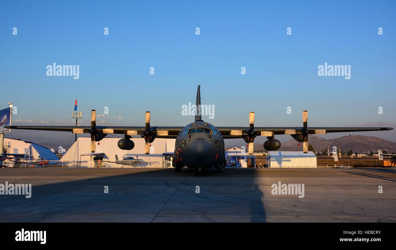 A U.S. Air Force C-130 Hercules sits on the ramp at the FIDAE airshow ...