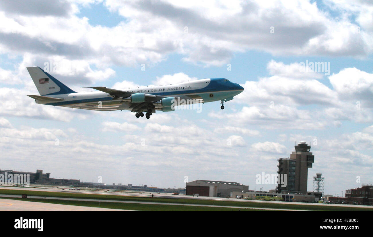 Air Force One, a VC-25A aircraft, lifts off from Minneapolis, featuring ...