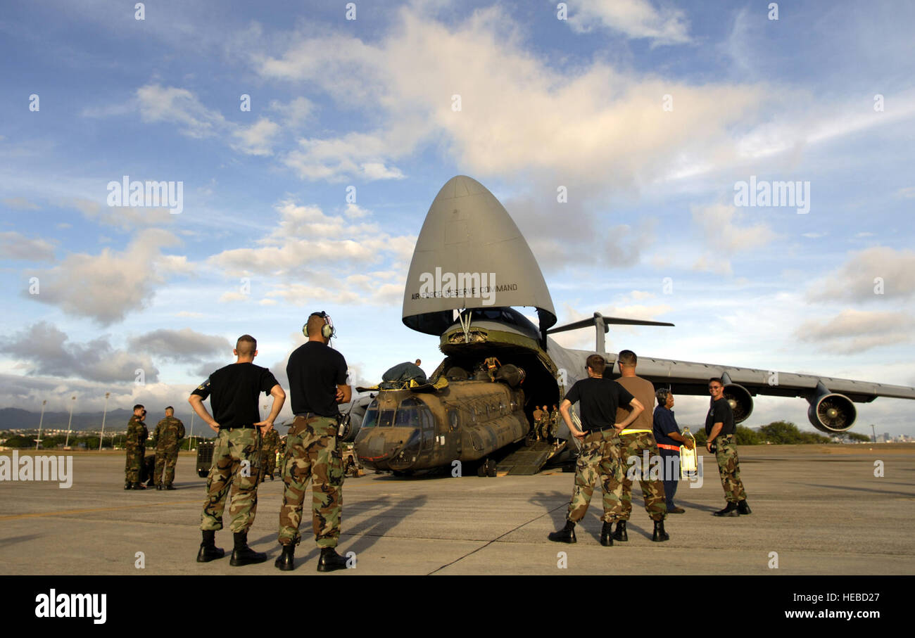 HICKAM AIR FORCE BASE, Hawaii -- Airmen and Soldiers load a CH-47 ...