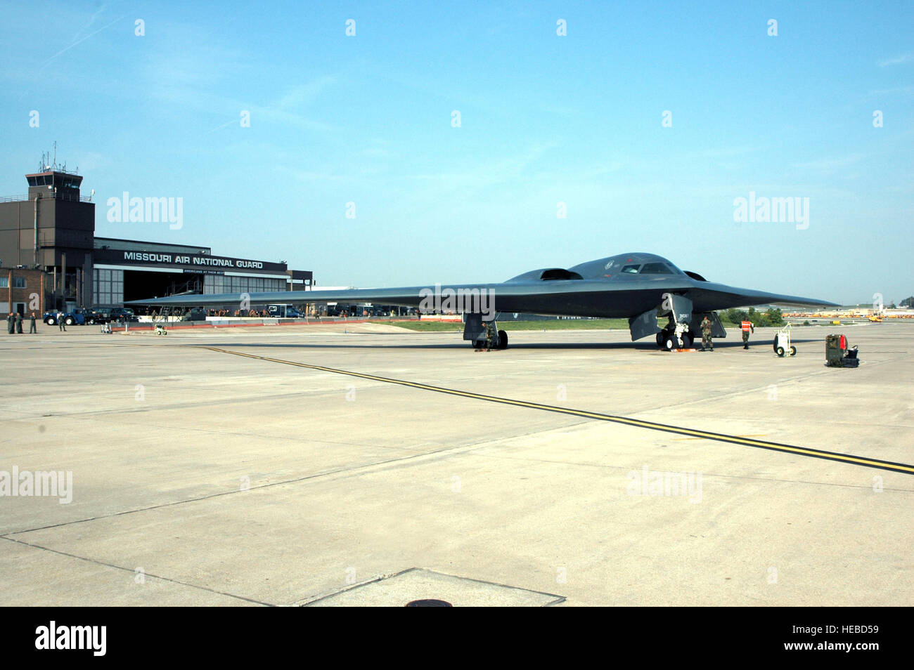 A B-2 Spirit stealth bomber sits on the tarmac at the 131st Fighter ...