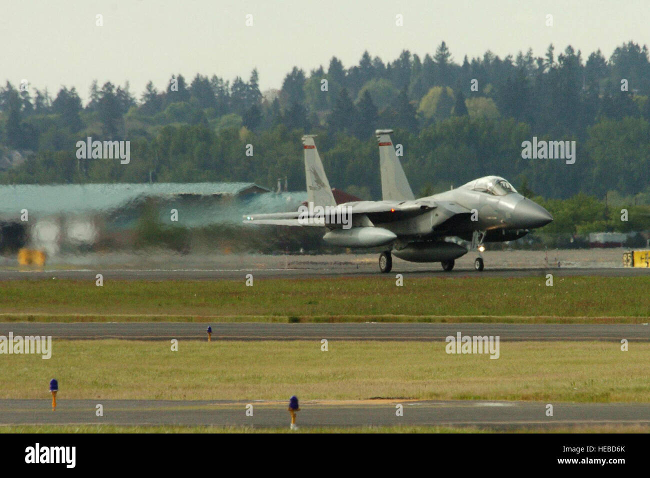 A U.S. Air Force F-15C Eagle aircraft lands at Portland Air National ...