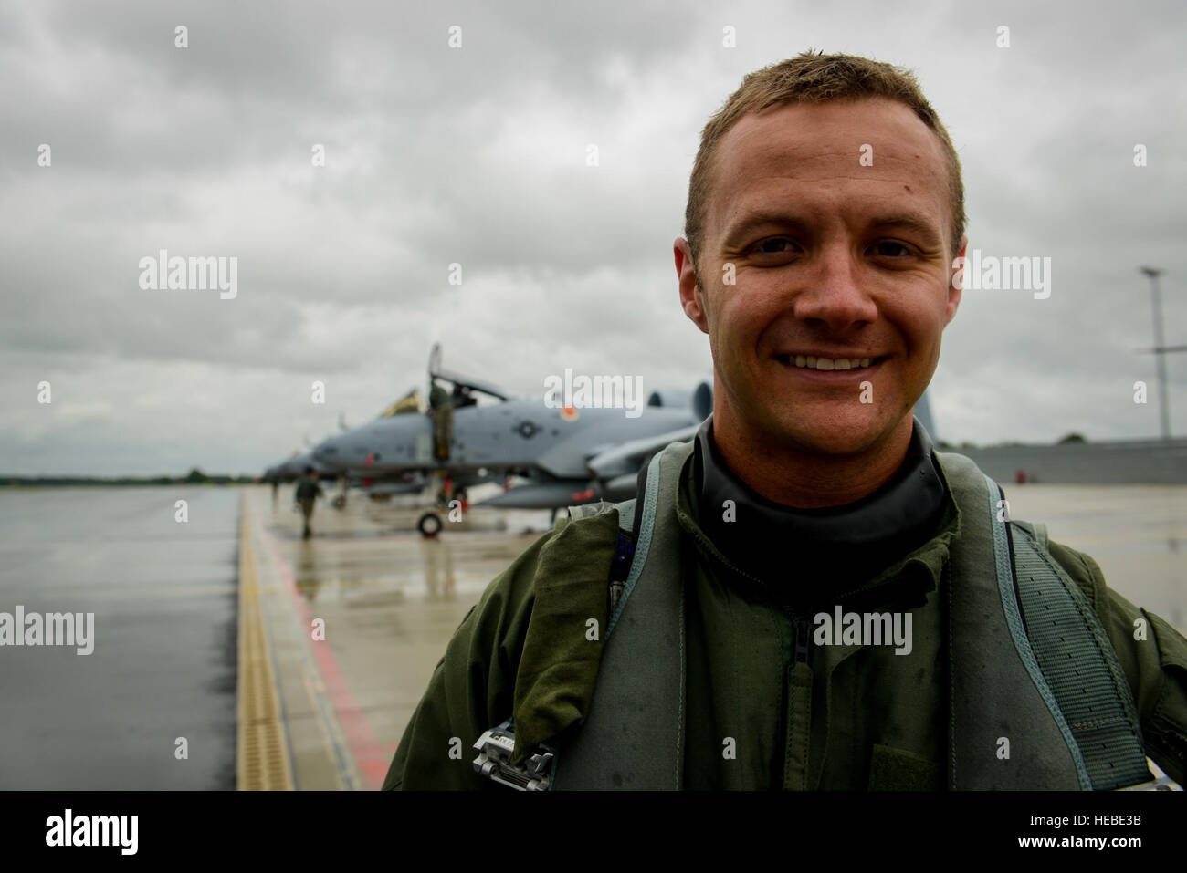 A U.S. Air Force pilot poses after landing at Lielvarde Air Base ...