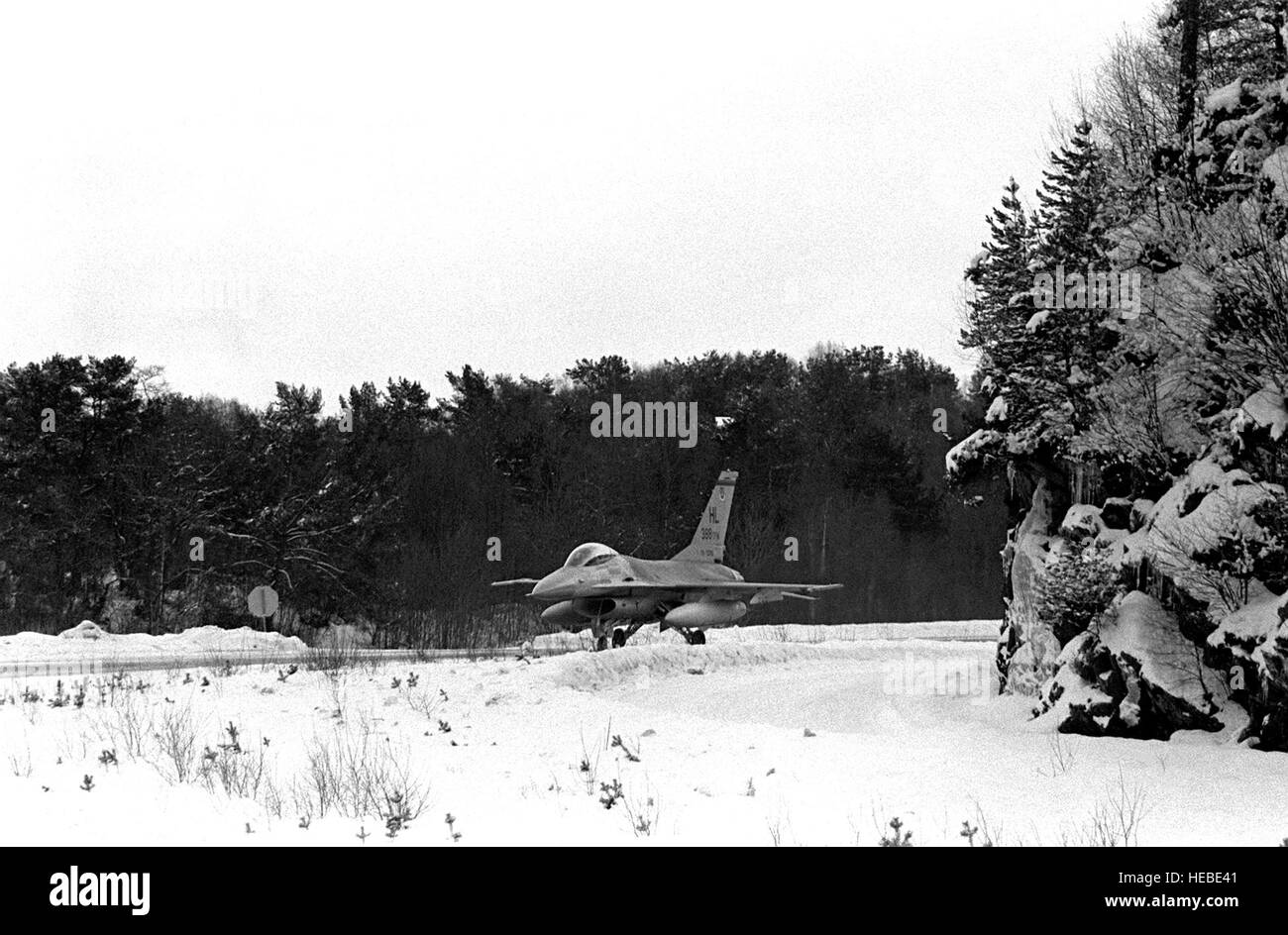 A left front view of an F-16A Fighting Falcon aircraft from the 4th ...