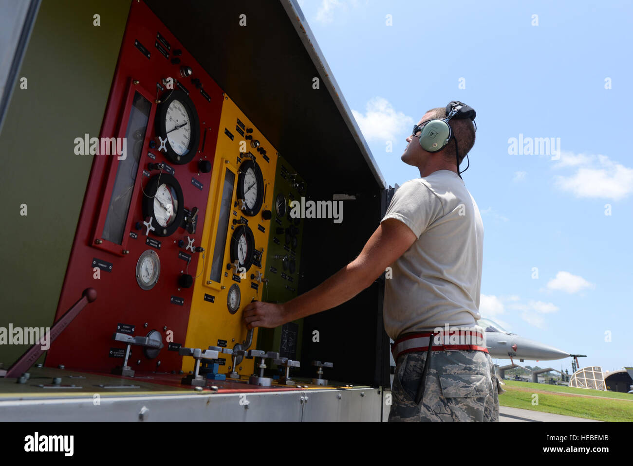 A U.S. Air Force Airman from the 158th Fighter Wing monitors the ...