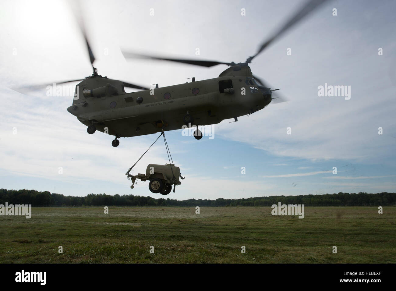 A U.S. Army CH-47 Chinook helicopter takes off from Muscatatuck Urban Training Center, Ind ...