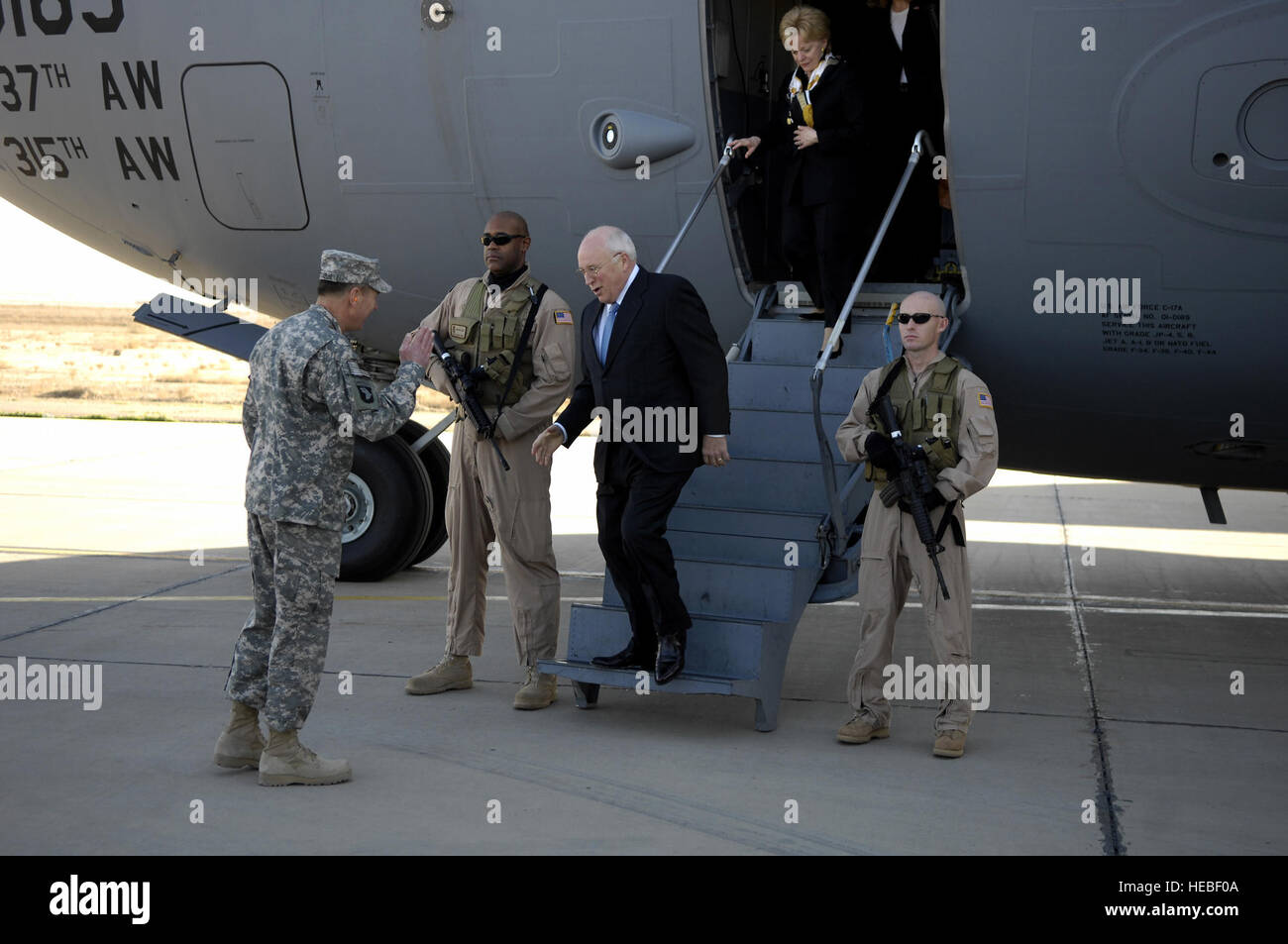 U.S. Vice President Dick Cheney is greeted by Gen. David Petraeus as he ...