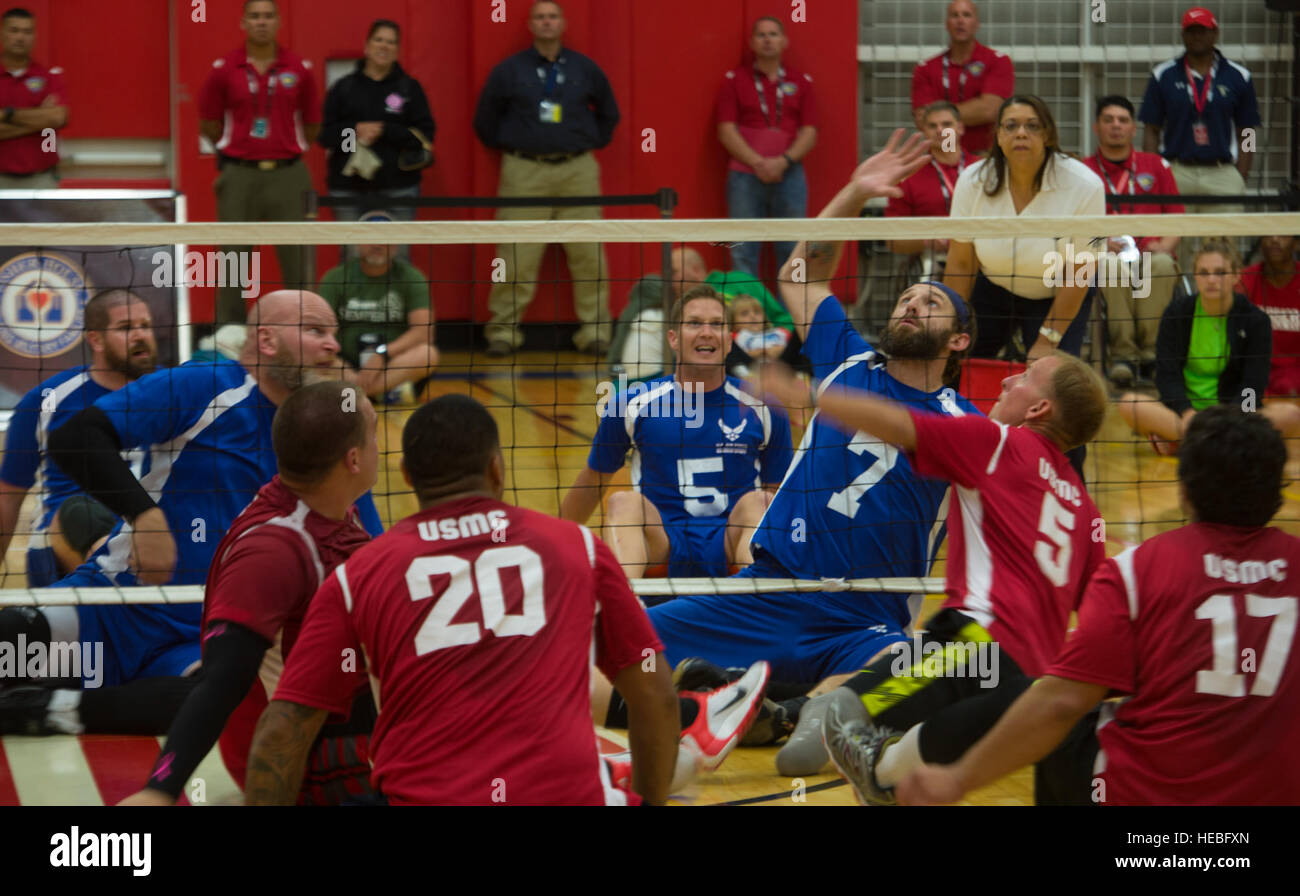 U.S. Air Force athlete Ryan Gallo prepares to spike the ball at the ...