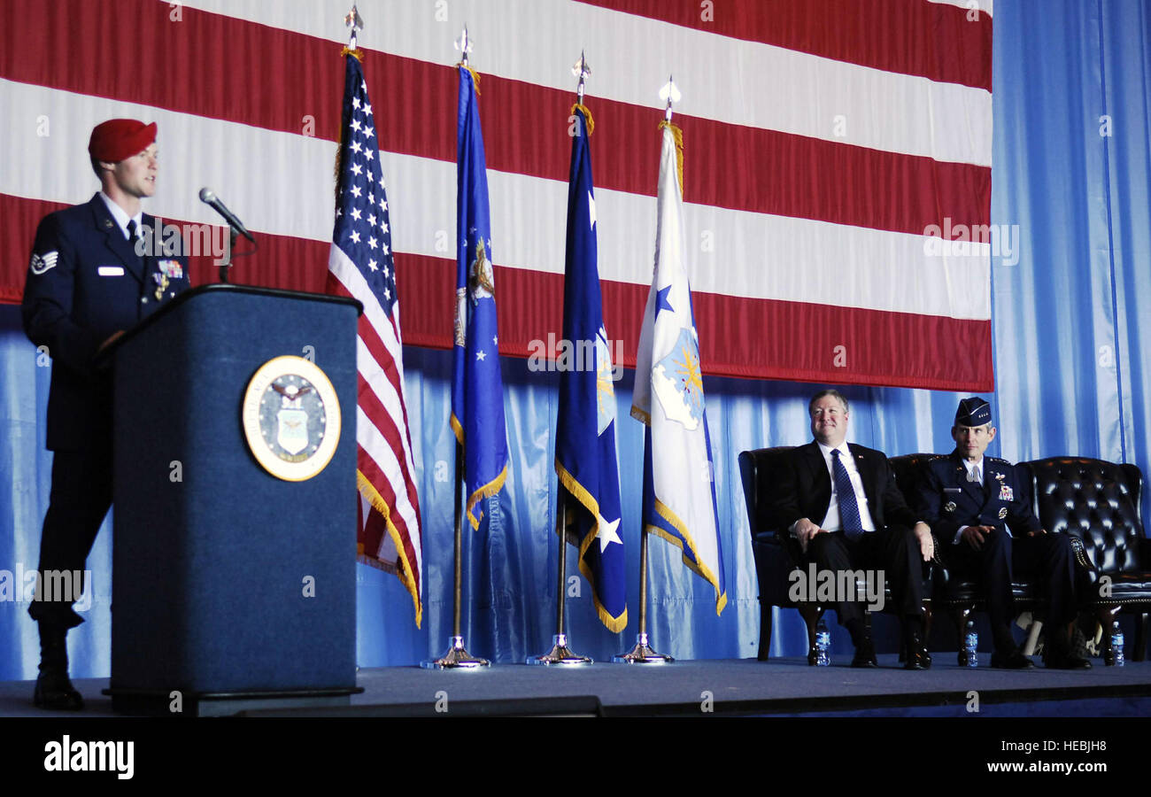Staff Sgt. Zachary Rhyner addresses the crowd after receiving the Air ...
