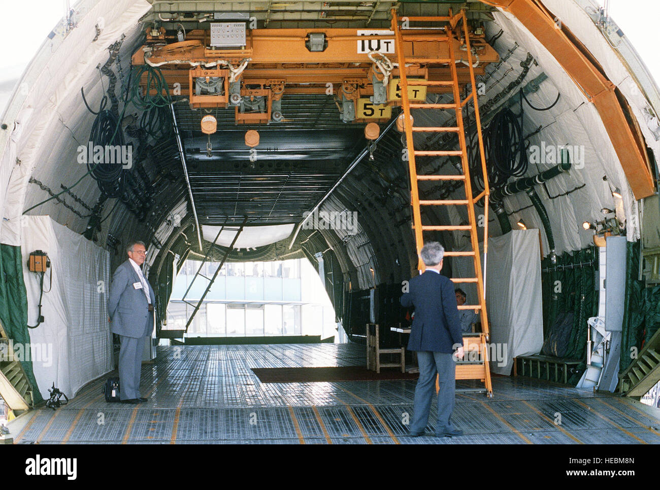 A front view of the open cargo bay of an Soviet An-124 Condor aircraft ...
