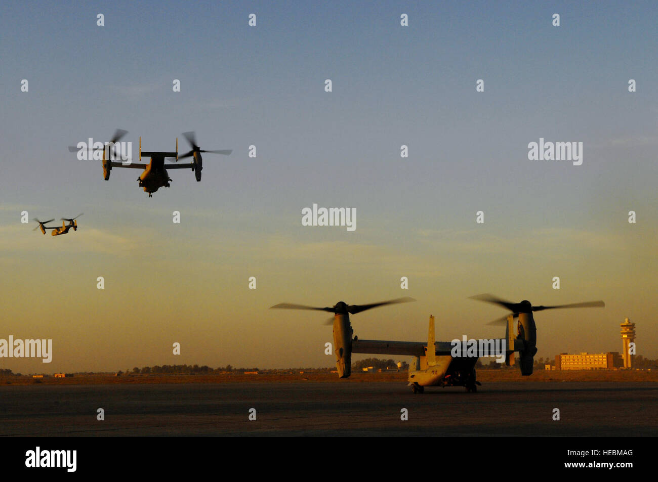Three Marine Medium Tiltrotor Squadron 263 MV-22 Ospreys take off from ...