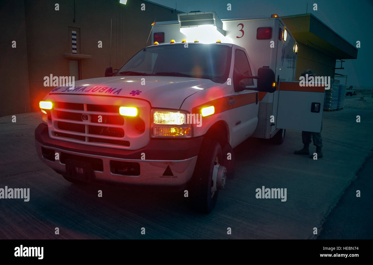 Senior Airman Steven Conner inspects the equipment of an ambulance ...