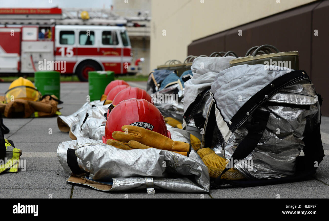 Firefighter gear rests on the ground during the Fire Muster Challenge ...
