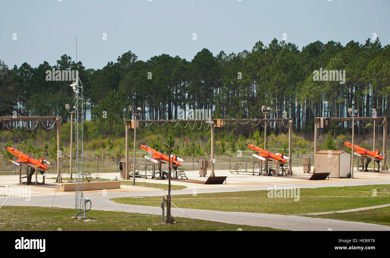 Four BQM-167s rest on their launch rails, positioned toward the Gulf of ...