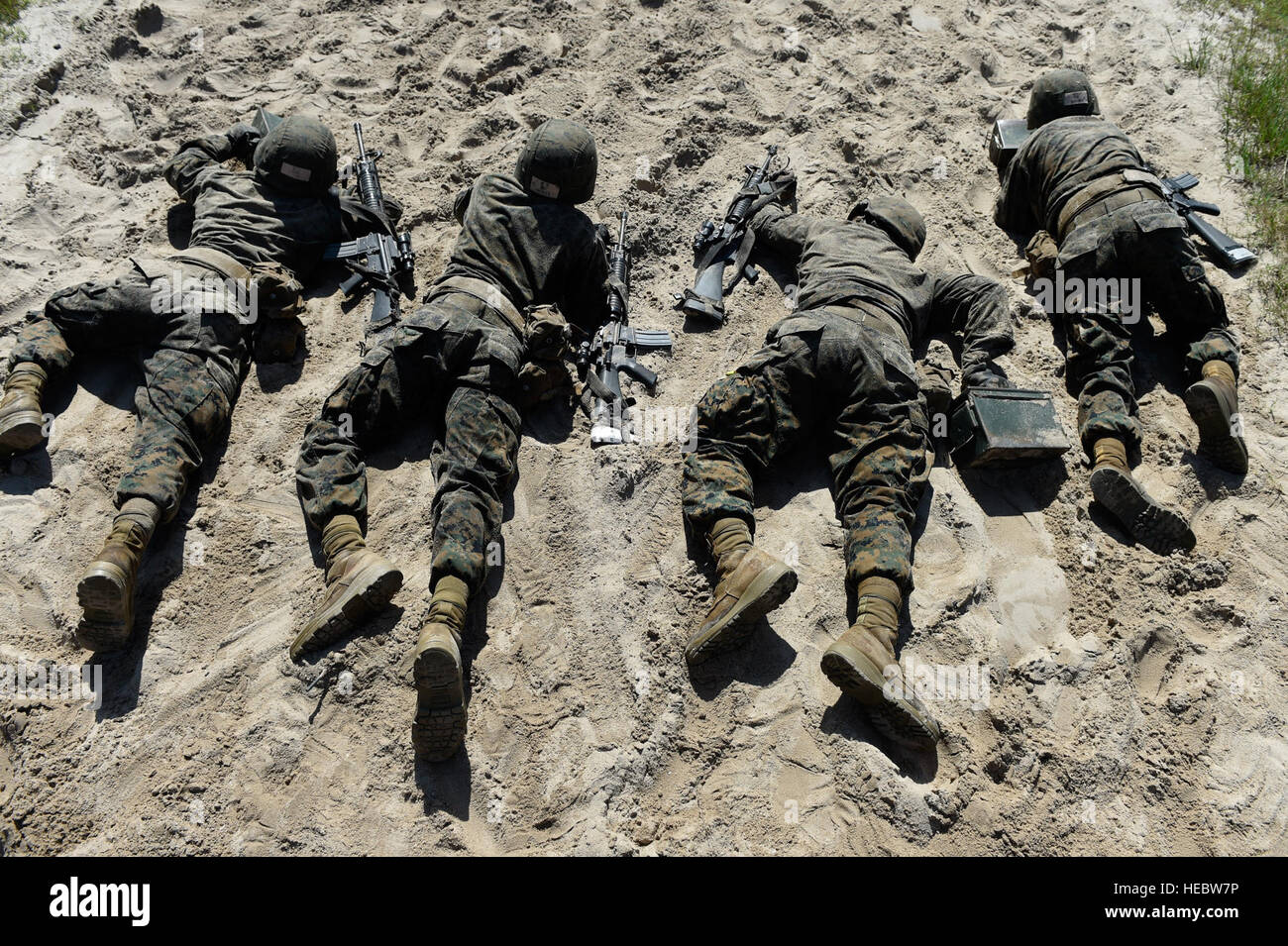 U.S. Marine Corps recruits from Alpha Company low crawl through a Stock ...