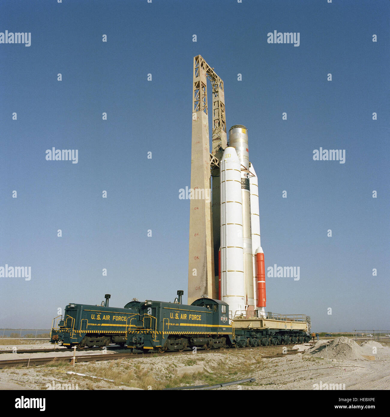 A Titan D1 launch vehicle is transported by rail from the Solid Motor ...