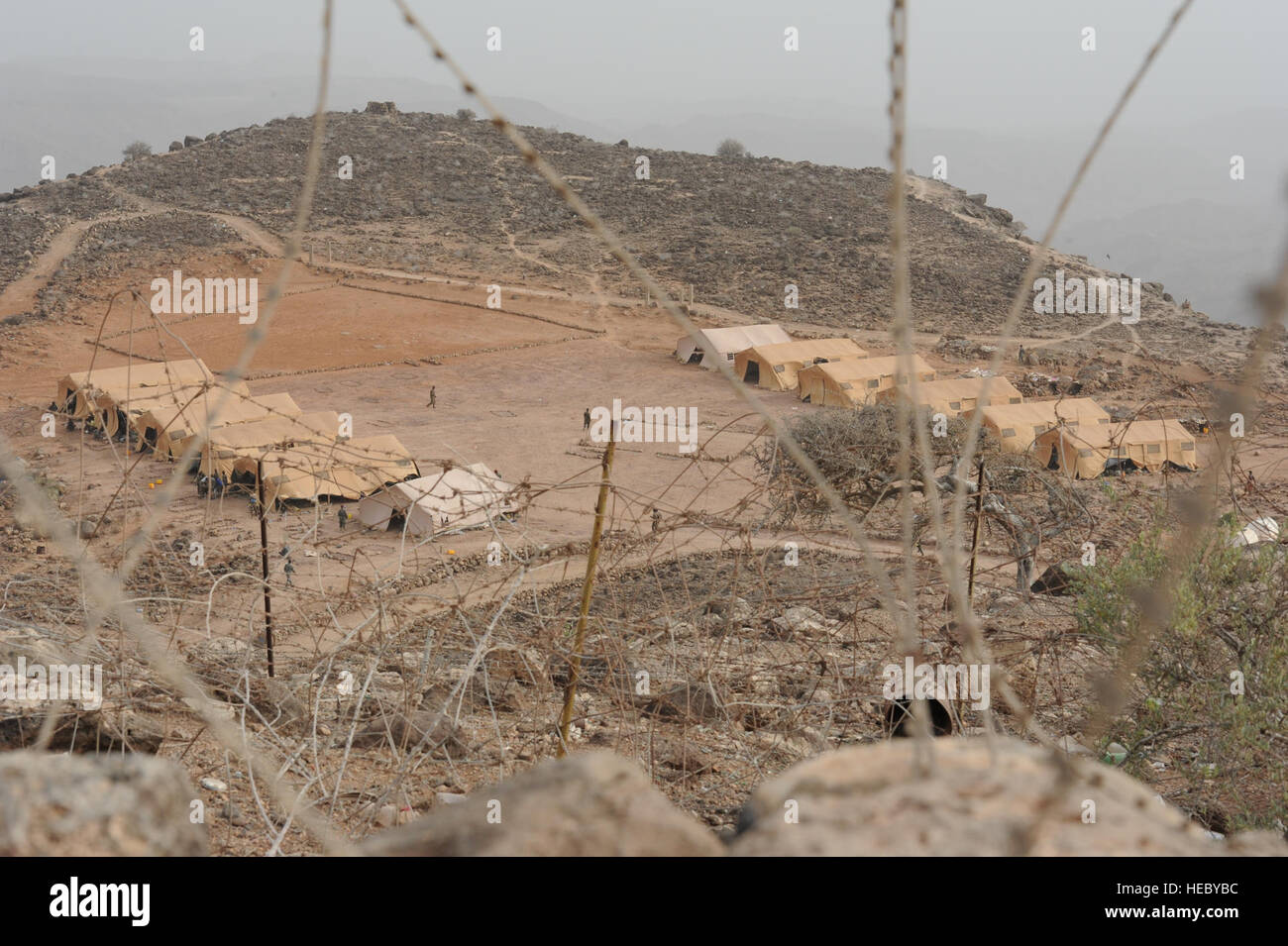 A Djiboutian army camp sits below a hill in Arta, Djibouti, on March 23 ...