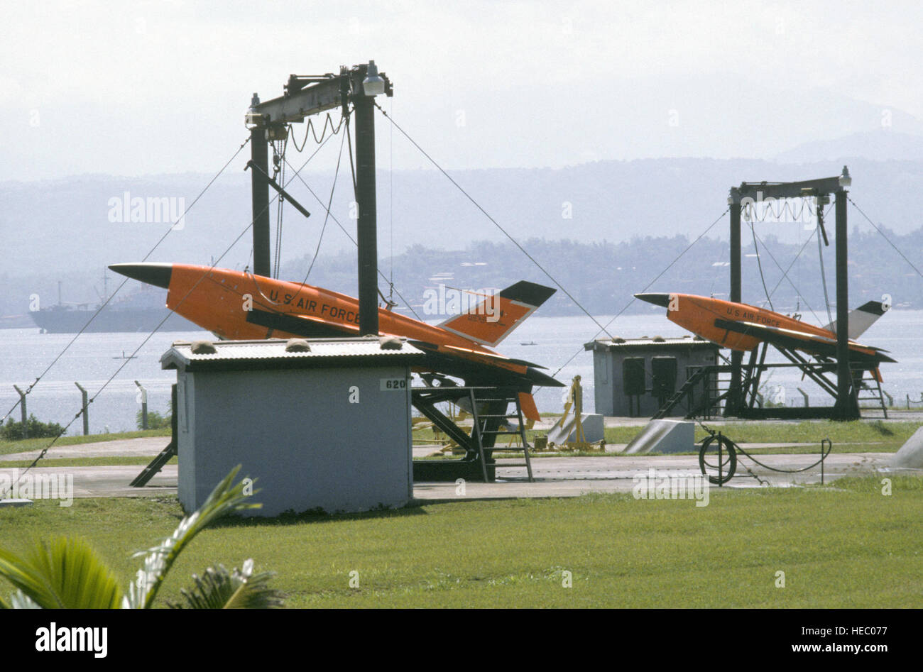 Two BQM-34 Firebee I remotely piloted vehicles on stands prior to ...