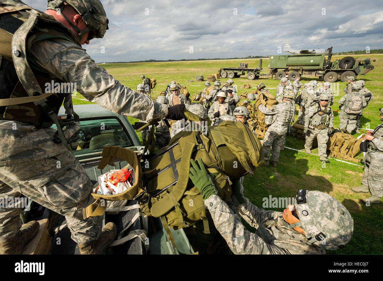 U.S. Airmen unload gear at the Joint Readiness Training Center (JRTC ...