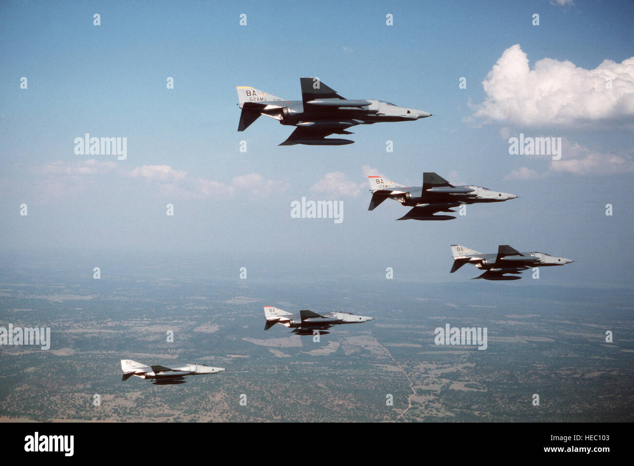 An air-to-air right underside view of five RF-4C Phantom II aircraft of ...
