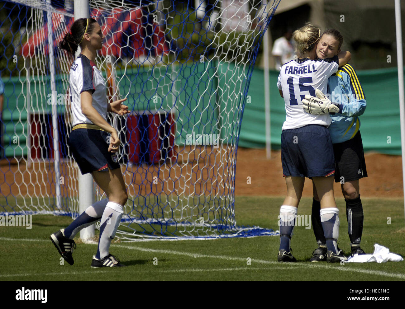U S Army Capt Randee Farrell Gives Goal Keeper Stacie Bortz A Hug
