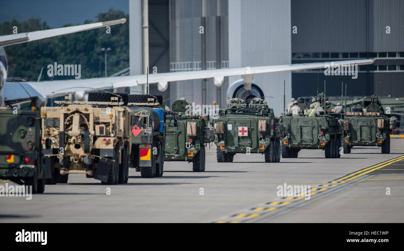 U.S. Army Stryker armored vehicles convoy across Ramstein Air Base ...