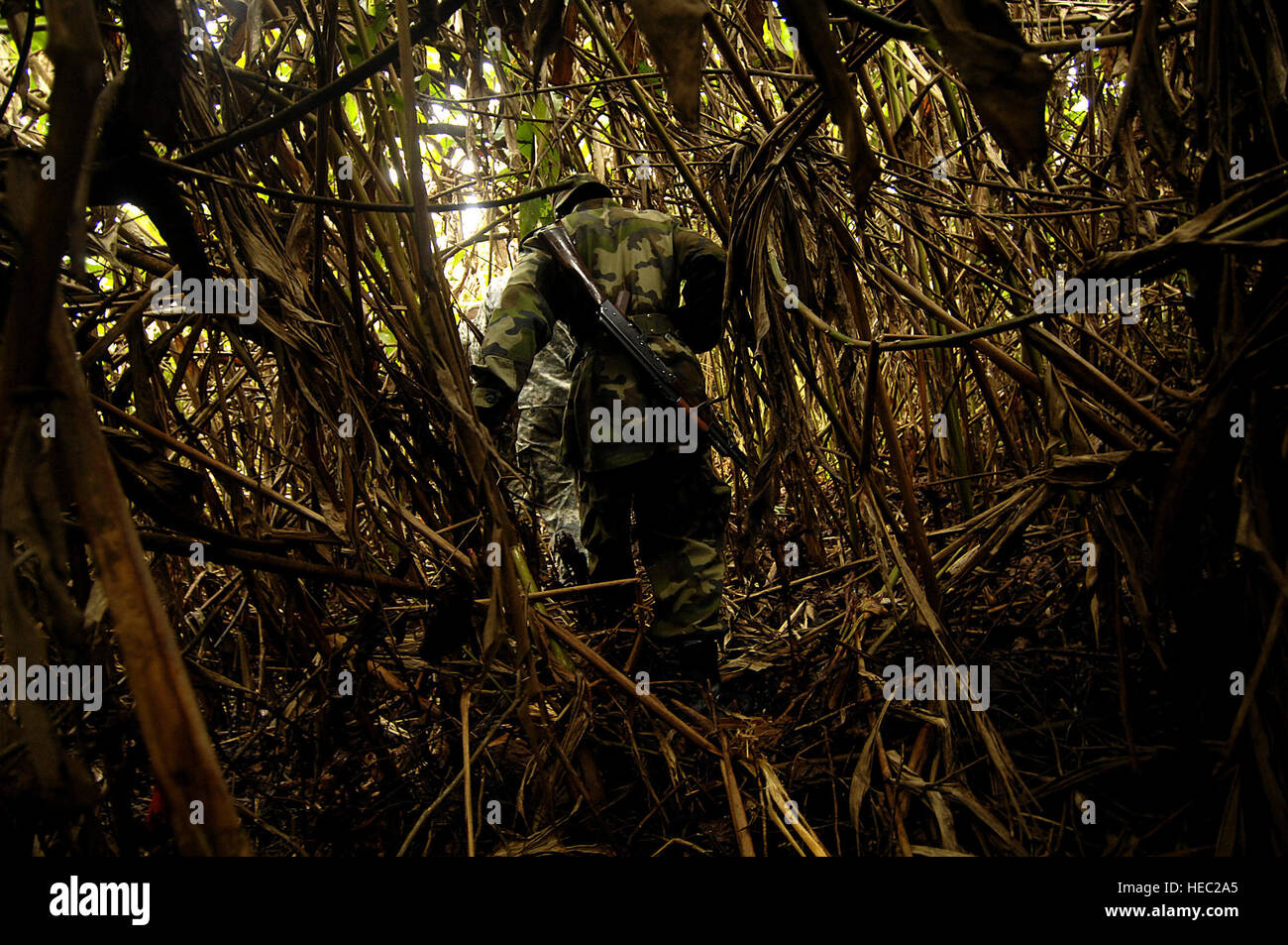 Using a compass, Uganda Army soldiers search the terrain for markers ...