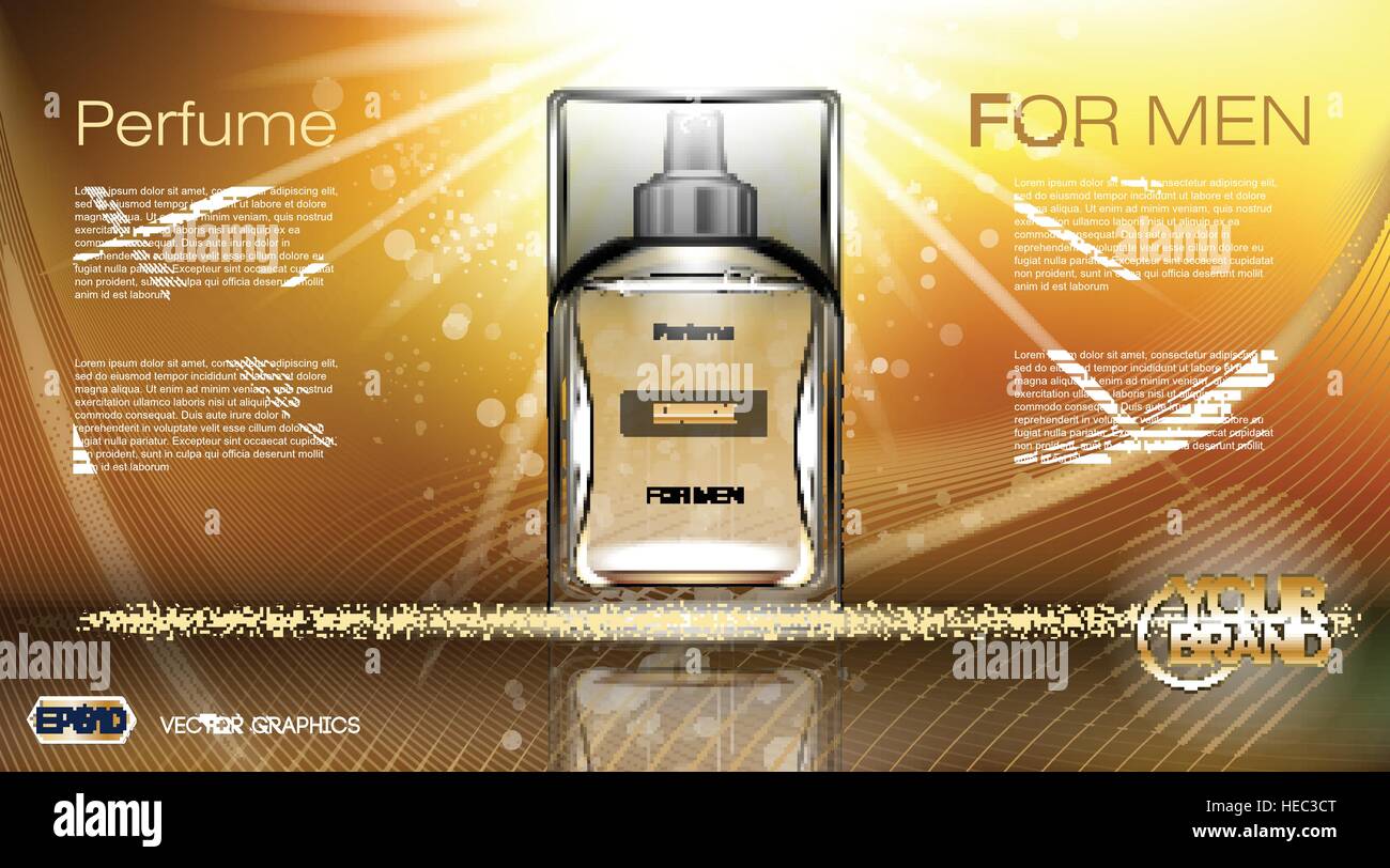Digital vector brown and yellow glass perfume for men container mockup ...