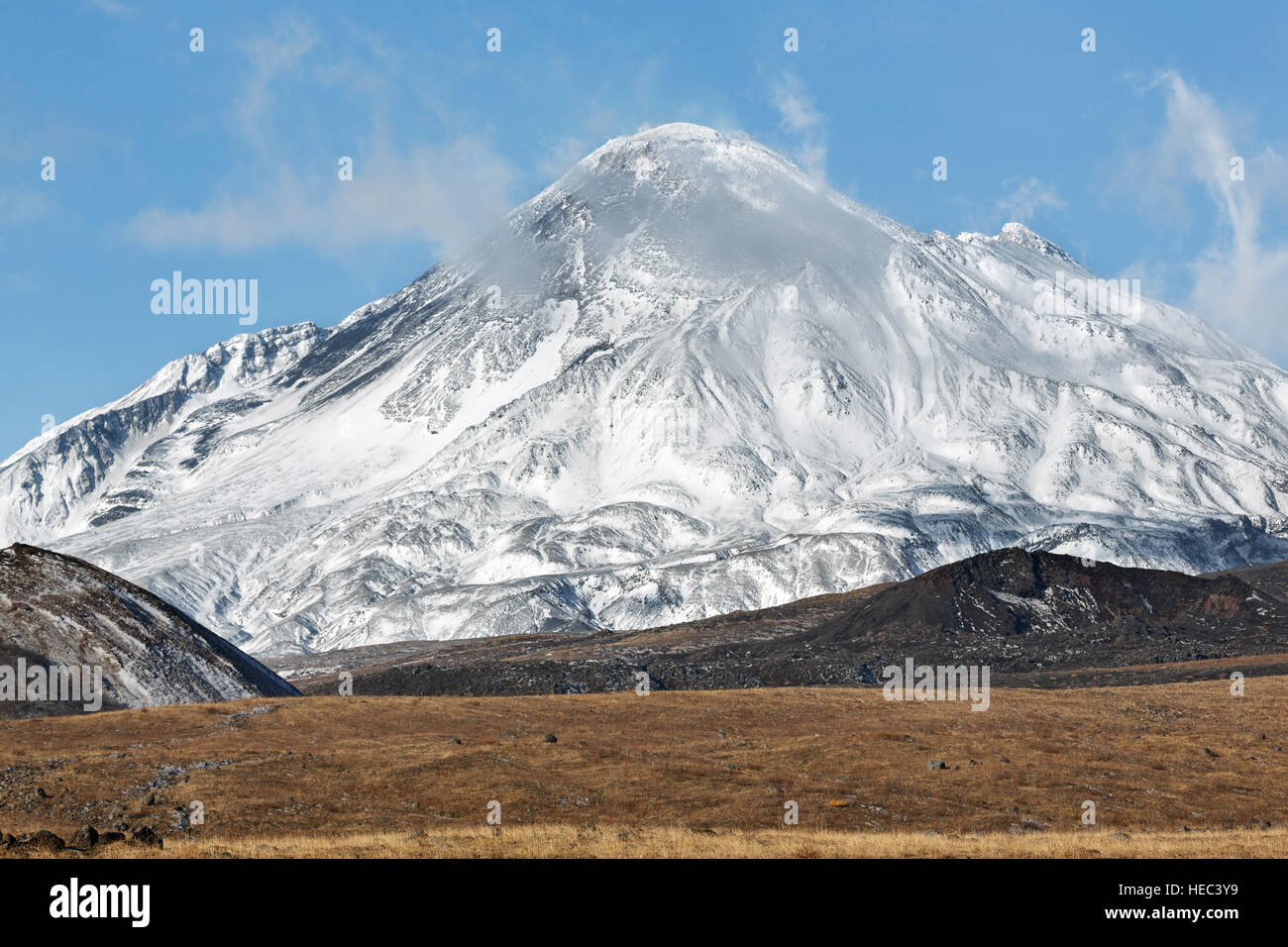 Volcanic landscape on Kamchatka Peninsula: view on active Bezymianny ...