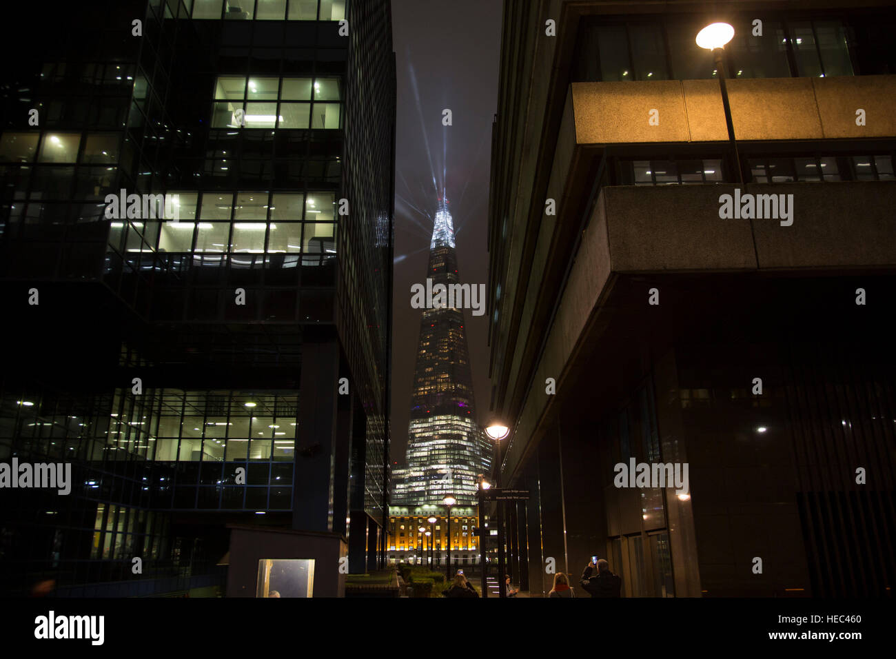 London’s tallest skyscraper, the Shard, beams out spotlights as part of ...