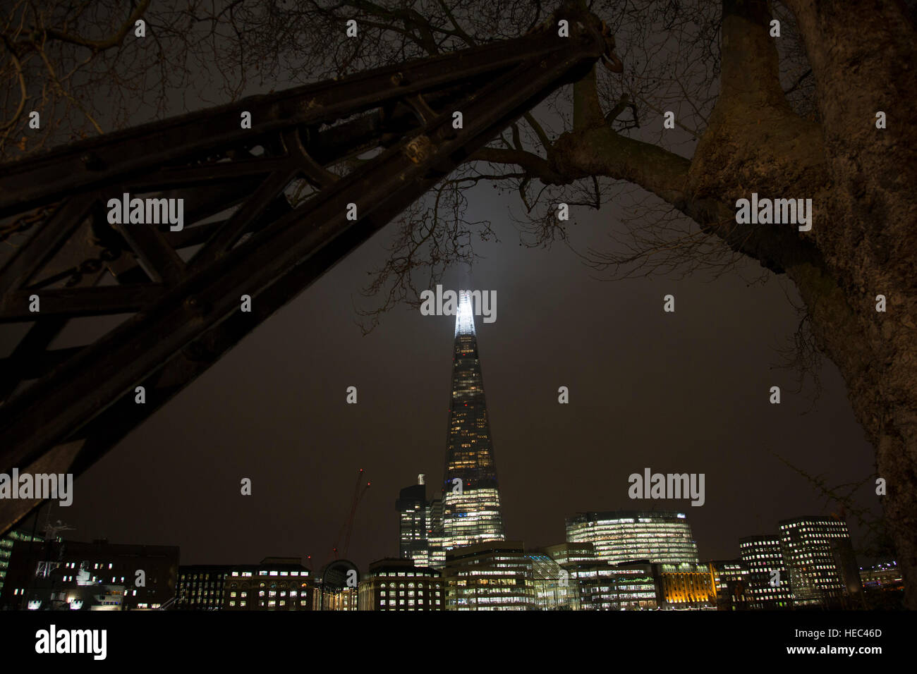 London’s tallest skyscraper, the Shard, beams out spotlights as part of ...