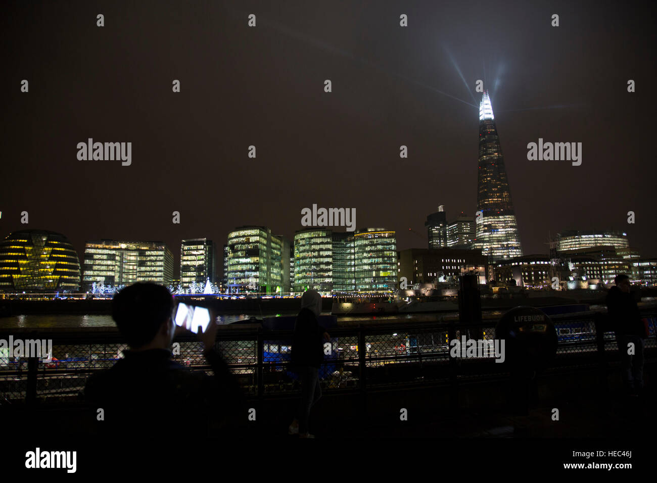 London’s tallest skyscraper, the Shard, beams out spotlights as part of ...