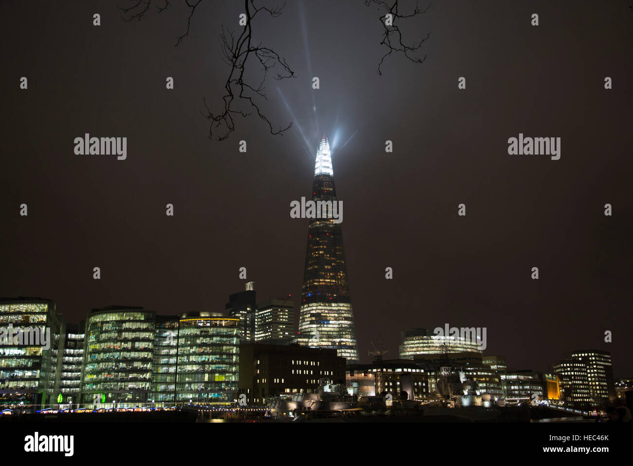 London’s tallest skyscraper, the Shard, beams out spotlights as part of ...