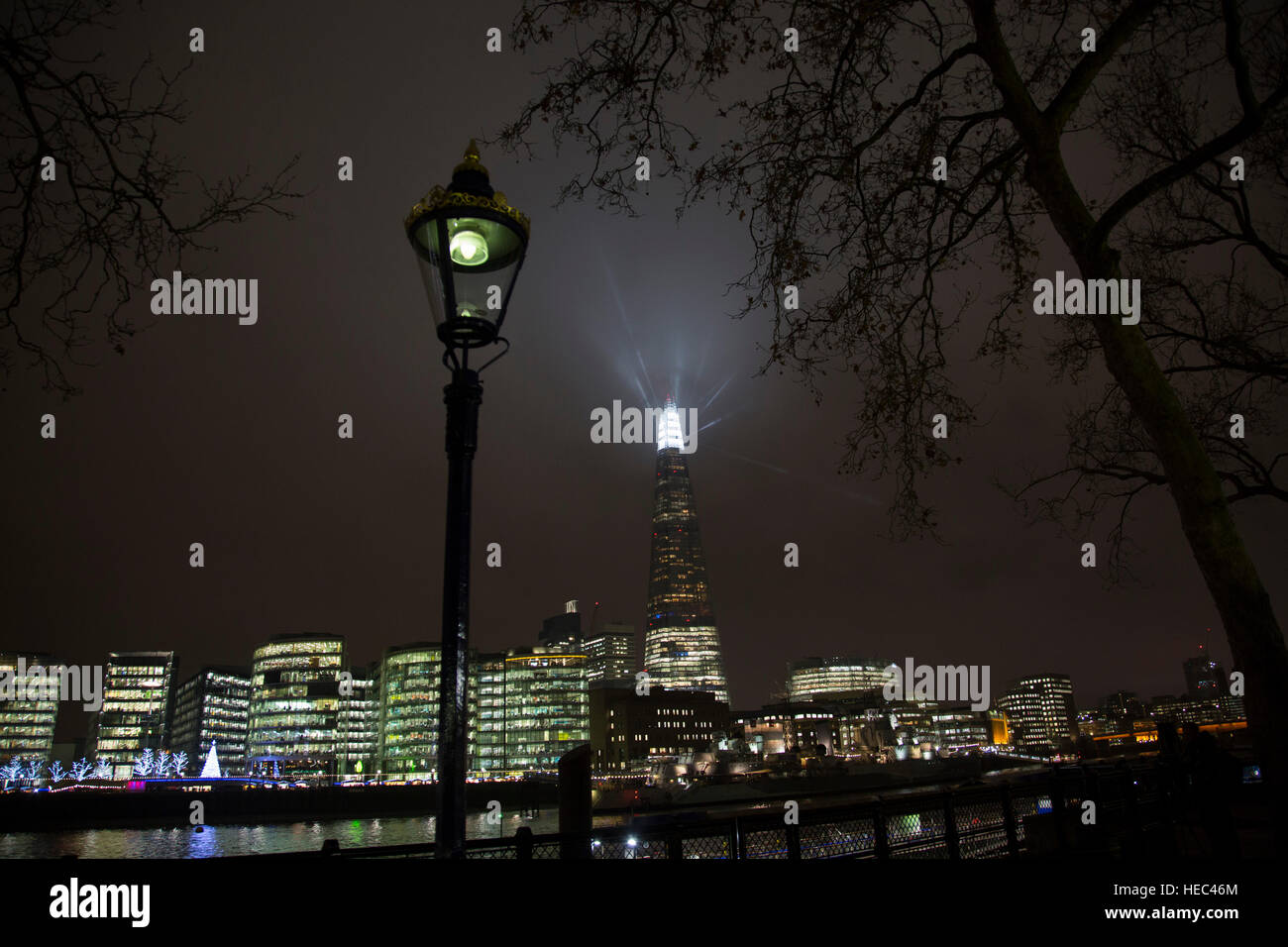London’s tallest skyscraper, the Shard, beams out spotlights as part of ...