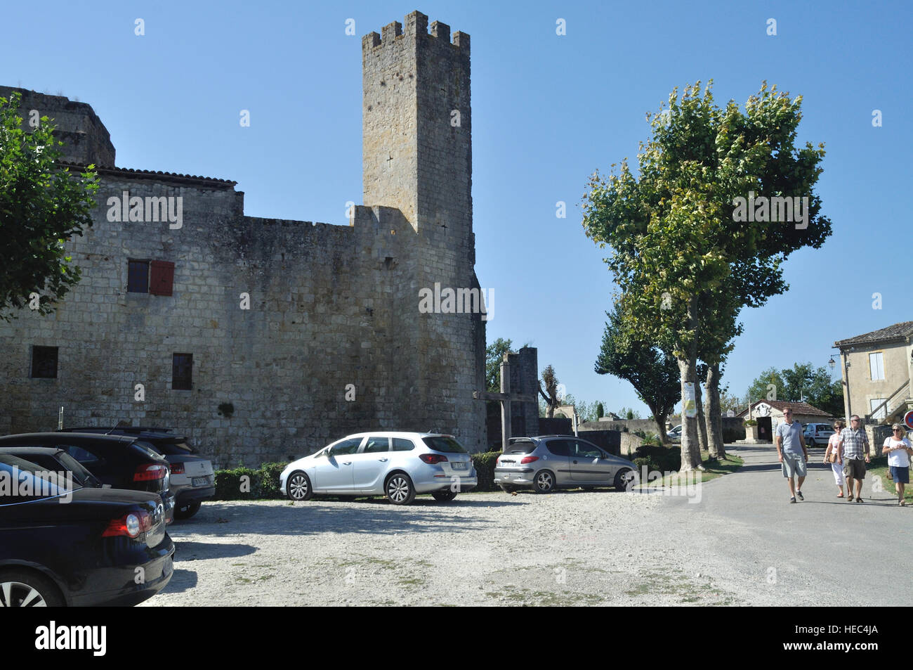 The approach to the walled village of Larressingle, France Stock Photo ...