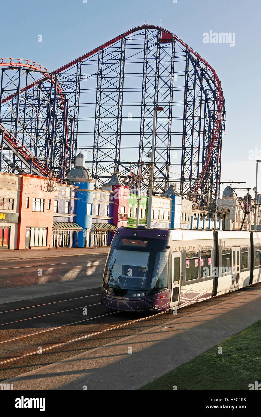 Tram passing Big One roller coaster on Blackpool Pleasure Beach Stock ...