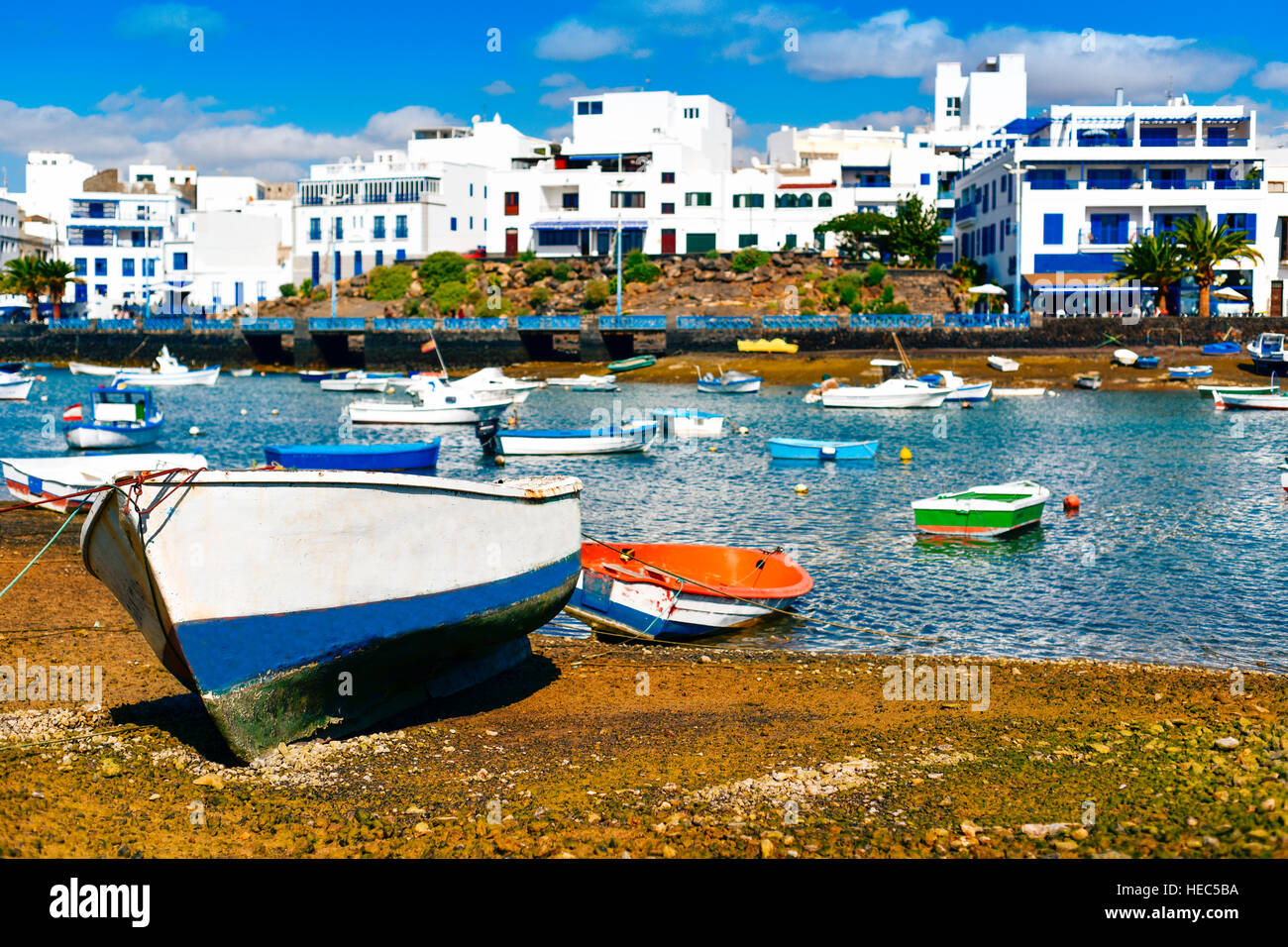 fishing boats in the bay Charco de San Gines, in Arrecife, Lanzarote ...