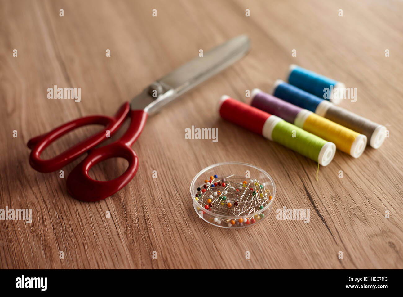Colorful sewing items on the table Stock Photo - Alamy